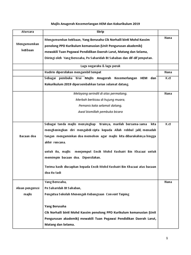 Teks Pengacara Majlis Anugerah Hem Dan Koku SMK Convent 2019 | PDF