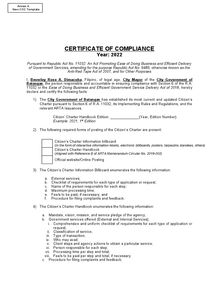 ARTA MC No. 2021 10 - Annex A - New COC Template | PDF | Justice | Crime & Violence