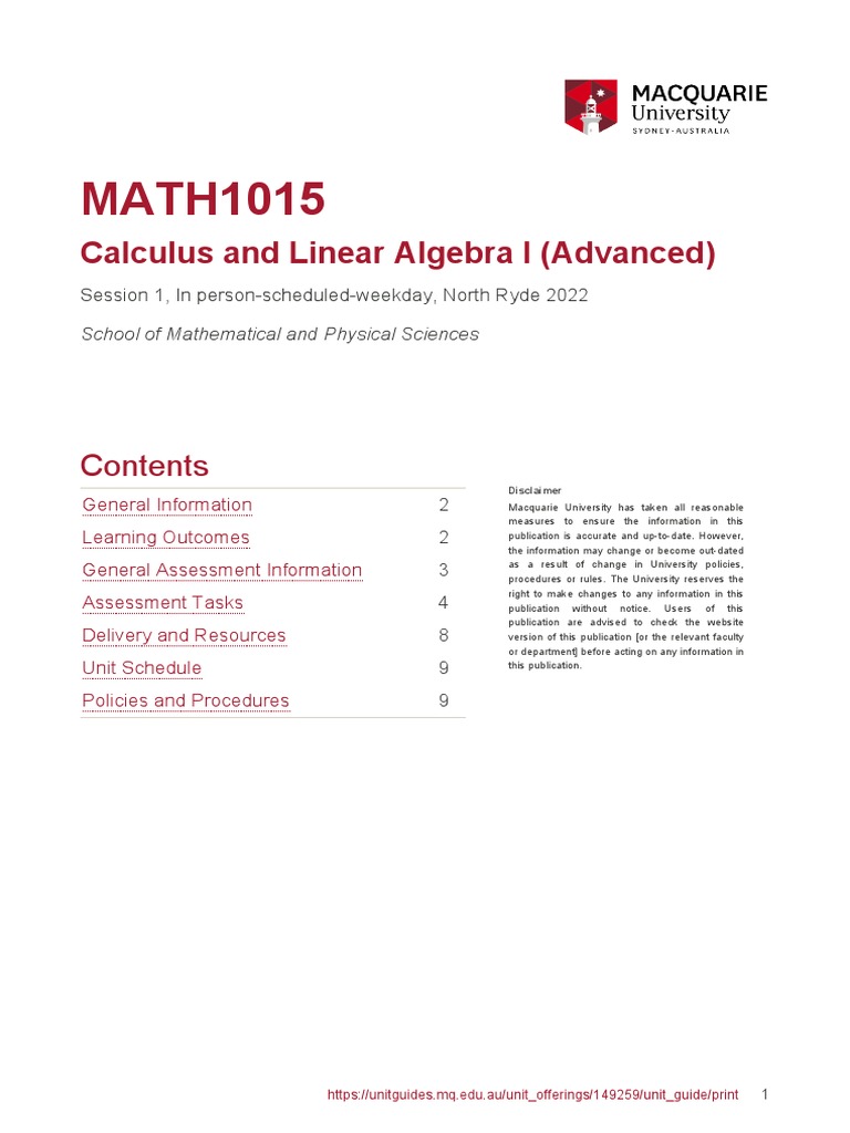 Unit Guide MATH1015 2022 Session 1 | PDF | Linear Map | Mathematics