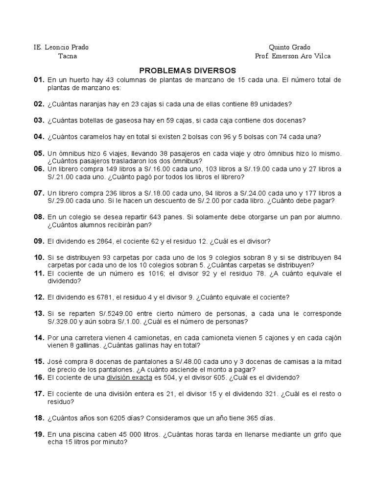 Problemas Diversos | PDF | División (Matemáticas) | Matemática Elemental