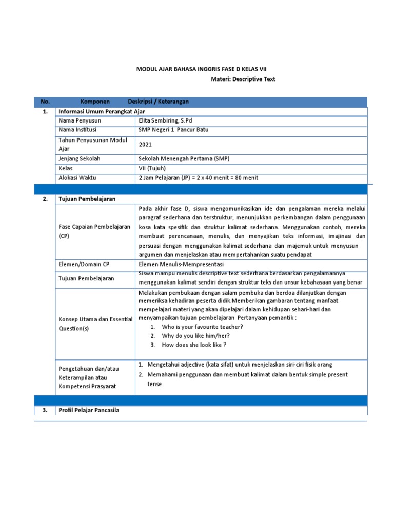 Modul Descriptive Text Kelas VII | PDF