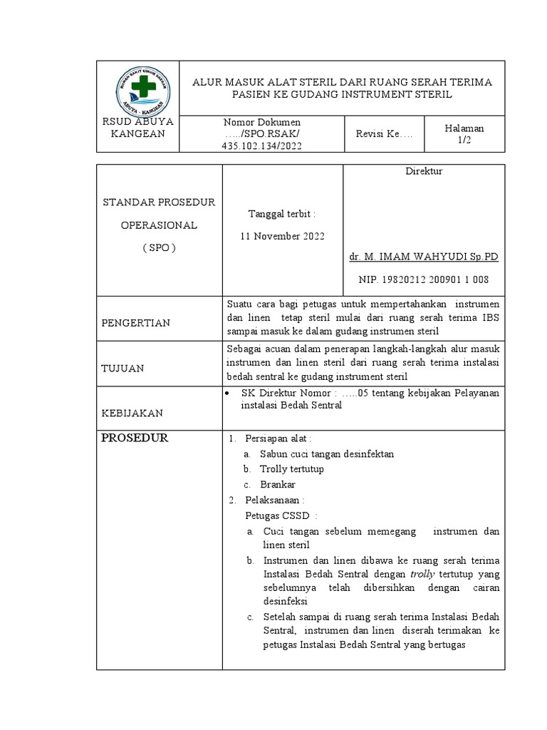 Sop Alur Masuk Alat Steril Dari Ruang Serah Terima Pasien Ke Gudang ...