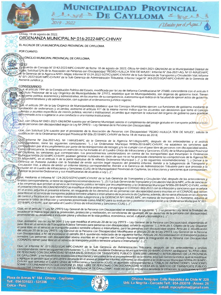 Ordenanza Municipal #016-2022-Mpc-Chivay PDF | PDF