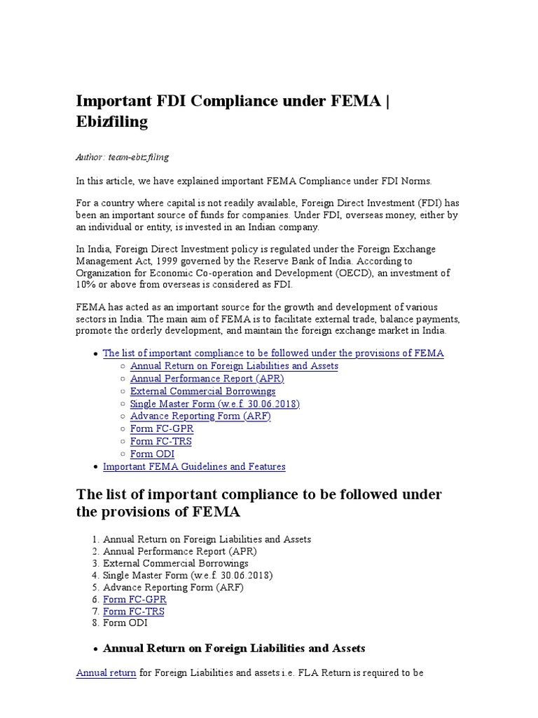 Key FDI Compliance Under FEMA | PDF | Reserve Bank Of India | Banking