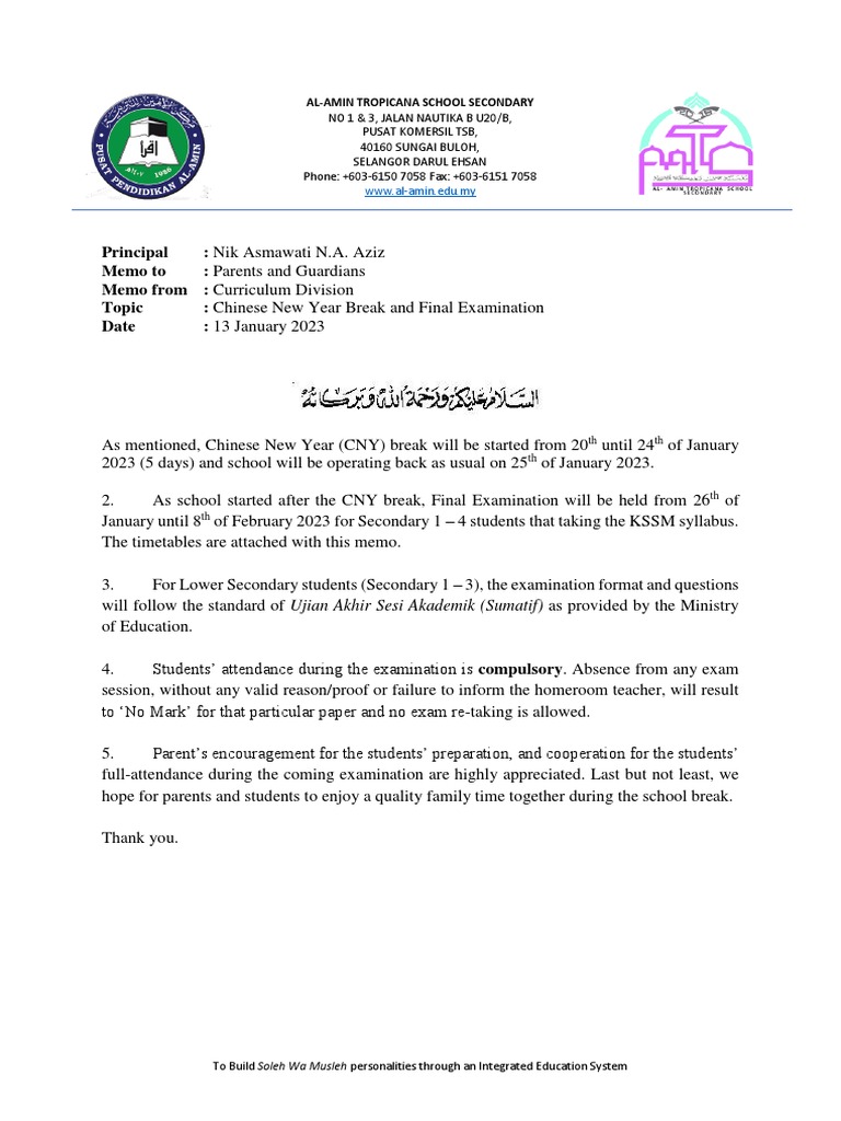 Final Exam Memo and TT & CNY Holiday | PDF | Schools