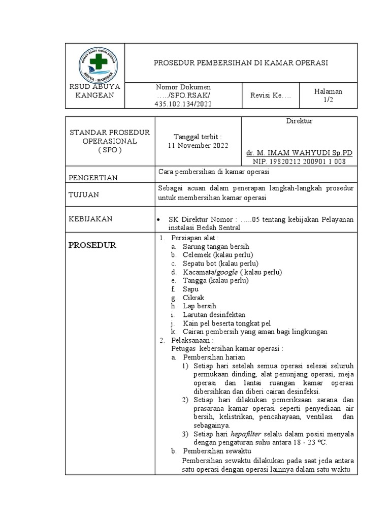 Sop Pembersihan Kamar Operasi | PDF