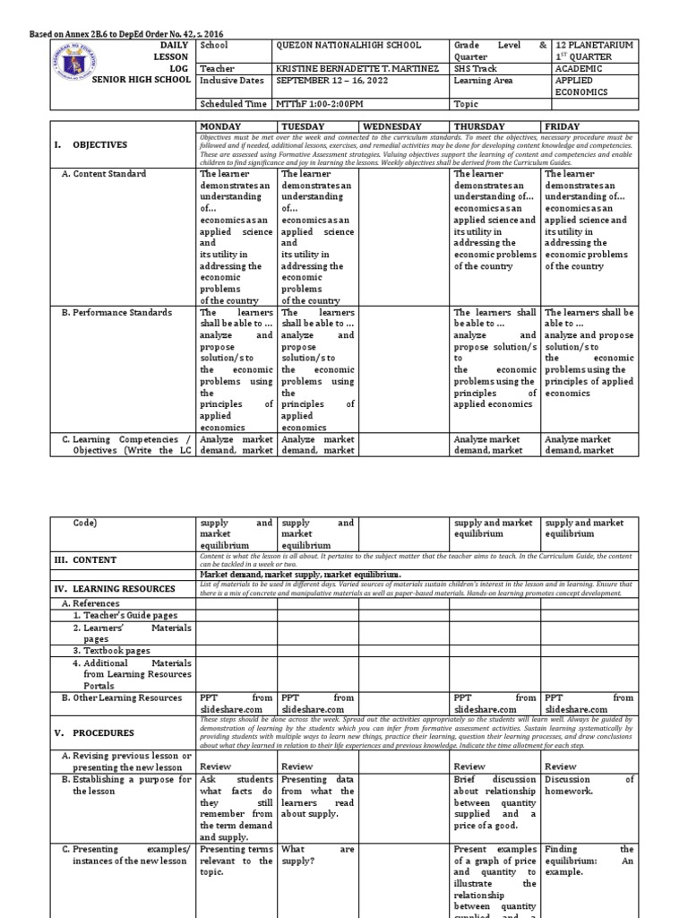 Daily Lesson Log: Applied Economics SHS | PDF