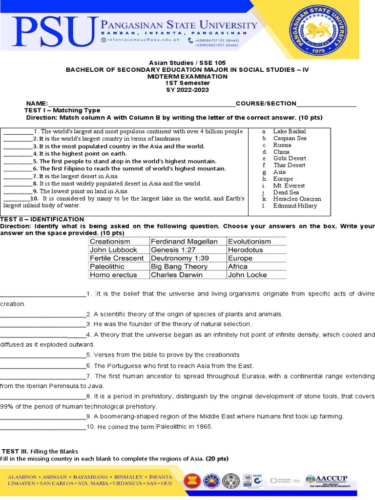Midterm Examination for Asian Studies / SSE 105 Assesses Students ...
