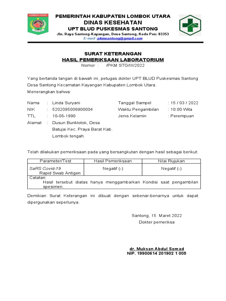 Surat Keterangan Hasil Lab Covid-19 | PDF