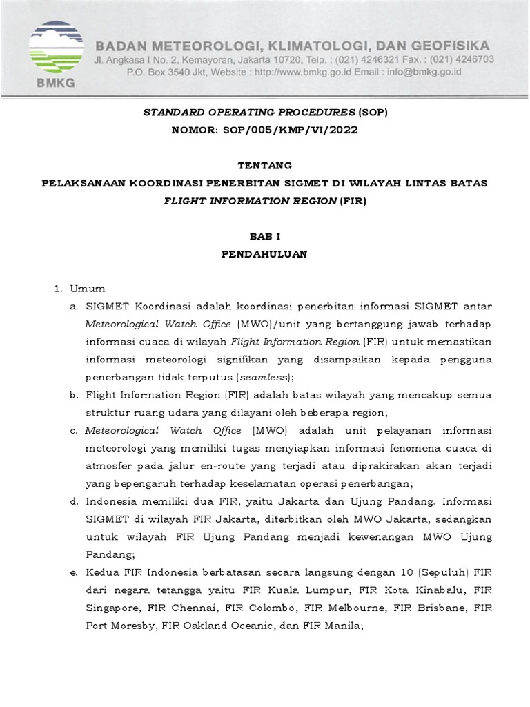 SOP SIGMET Coordinasi Lintas FIR | PDF