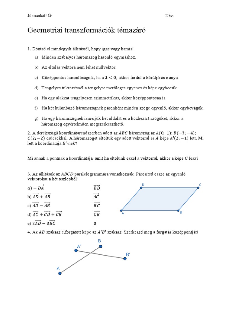 Geometriai Transzformációk Témazáró | PDF