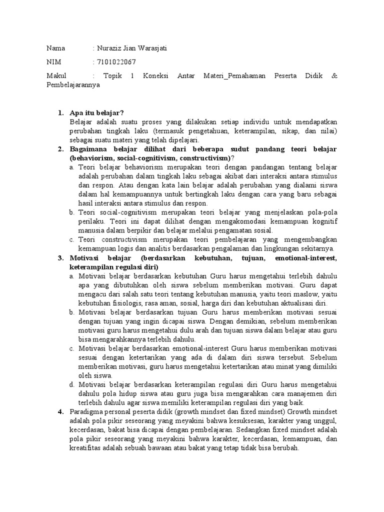 Nuraziz Jian Warasjati - 7101022067 - Topik 1 Koneksi Antar Materi Pemahaman Peserta Didik ...