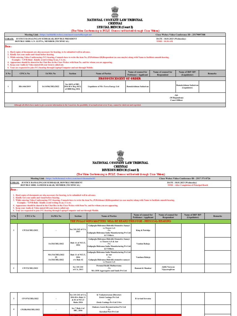 Cause List Court-I (18.01.2023) - 0 | PDF | Videotelephony