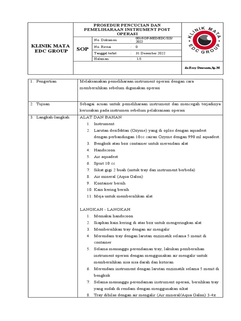 Prosedur Pembersihan Instrument Post Operasi Edit Konsul | PDF
