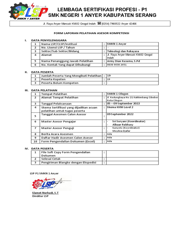 Formulir Laporan Pelatihan Asesor Kompetensi | PDF