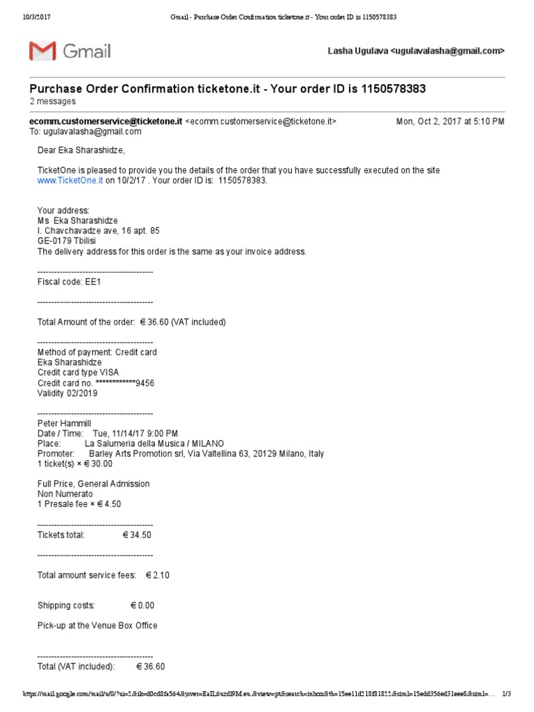 Gmail - Purchase Order Confirmation Ticketone - It - Your Order ID Is ...