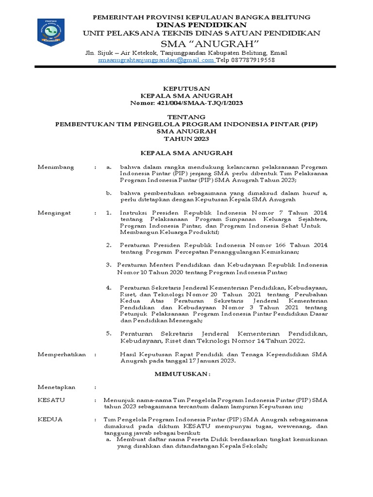 SK Tim PIP Satuan Pendidikan Jenjang SMA 2023-New | PDF