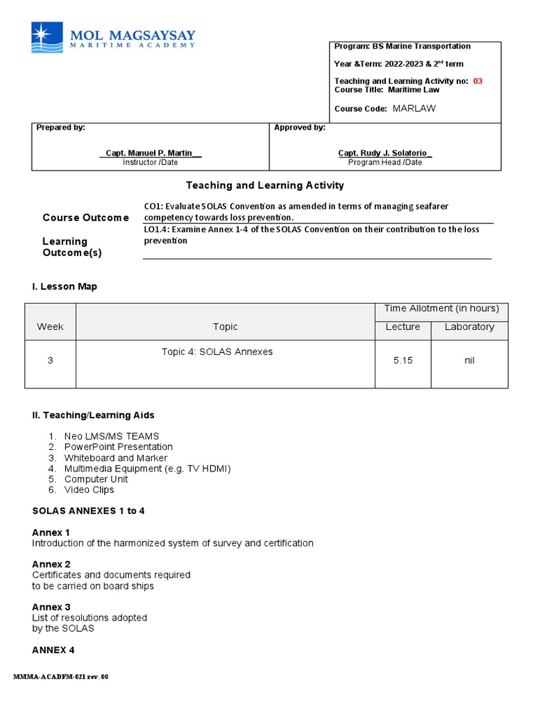 MMMA-ACADFM-021 Rev. 01 - Teaching and Learning Activity Marlaw WK 3 | PDF