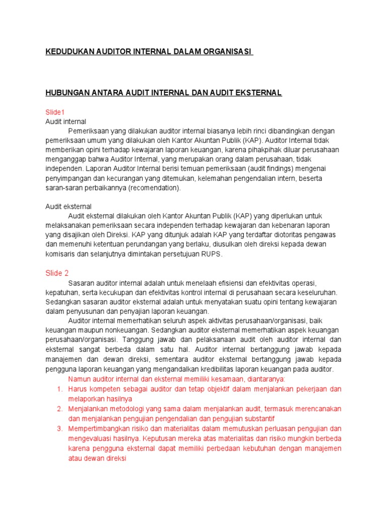 Peran dan Perbedaan Audit Internal vs Eksternal | PDF