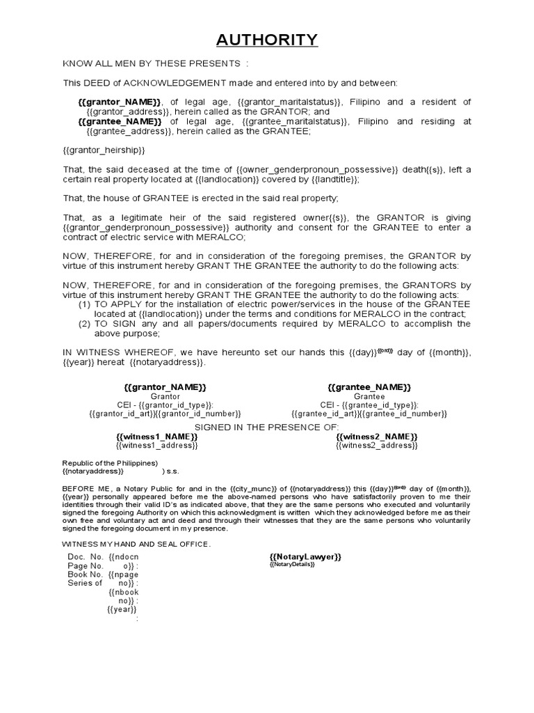 Authority Meralco Template | PDF | Deed | Common Law