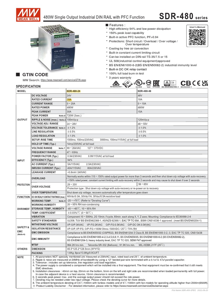 Power Supply SDR-480-24 | PDF | Power Supply | Rectifier