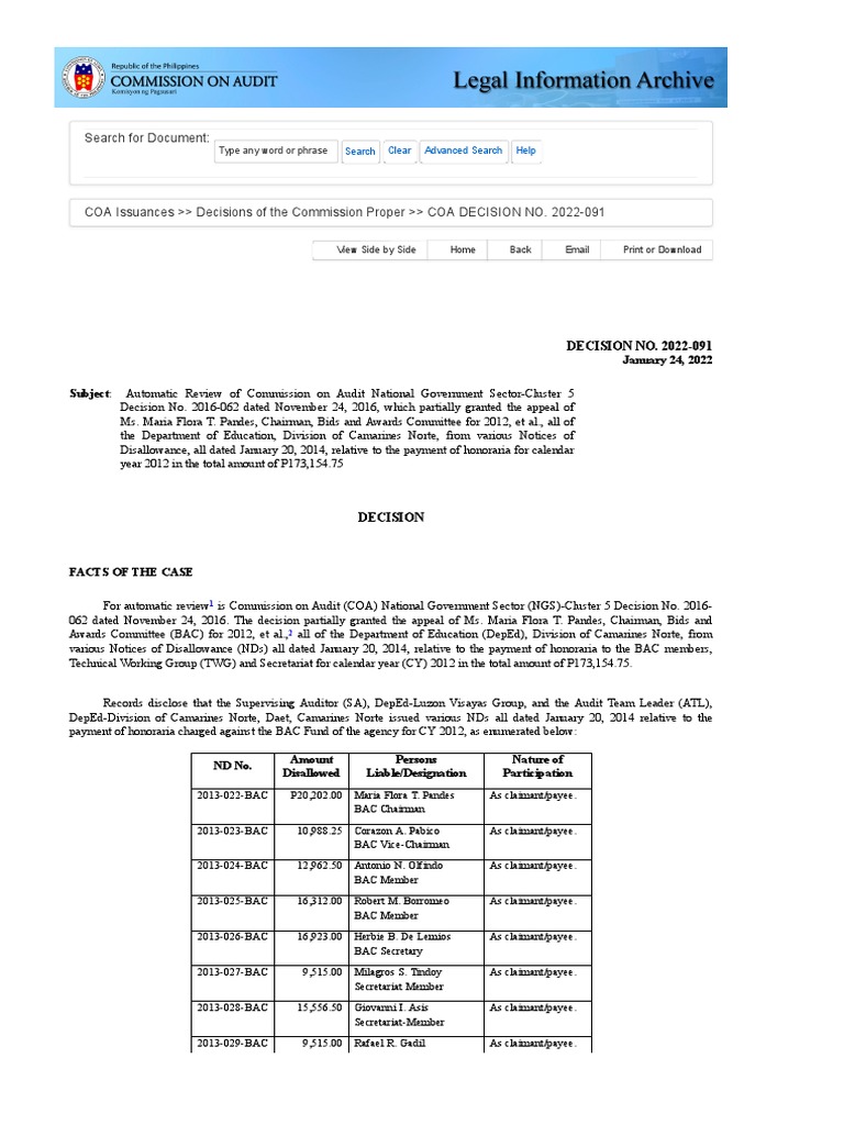 COA DECISION NO. 2022-091 Computation of Honoraria of BAC | PDF ...