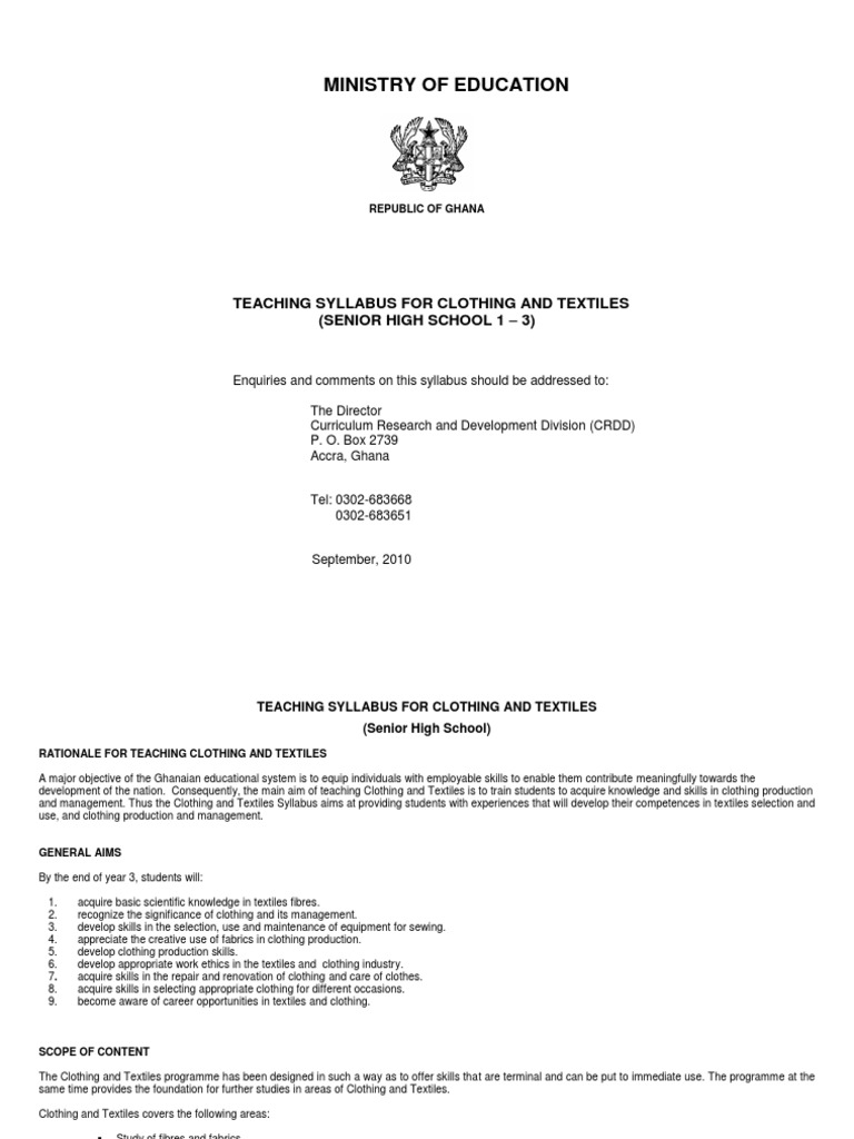 Clothing and Textiles Syllabus for SHS | PDF | Educational Assessment ...