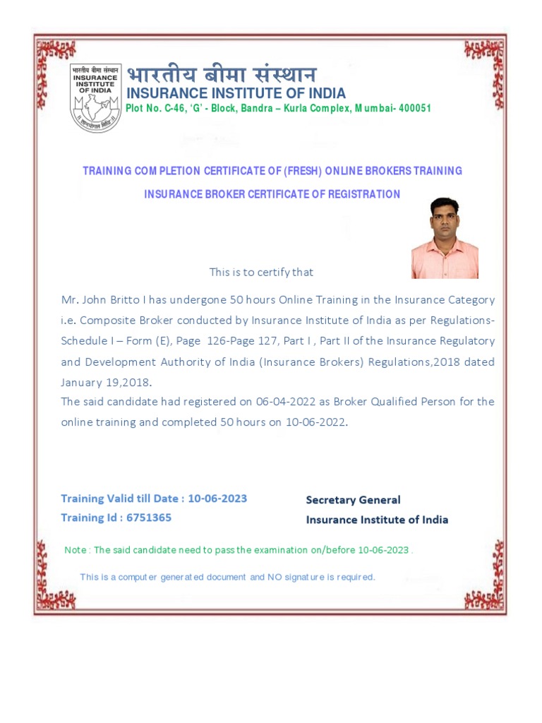 Insurance Training Certificate | PDF