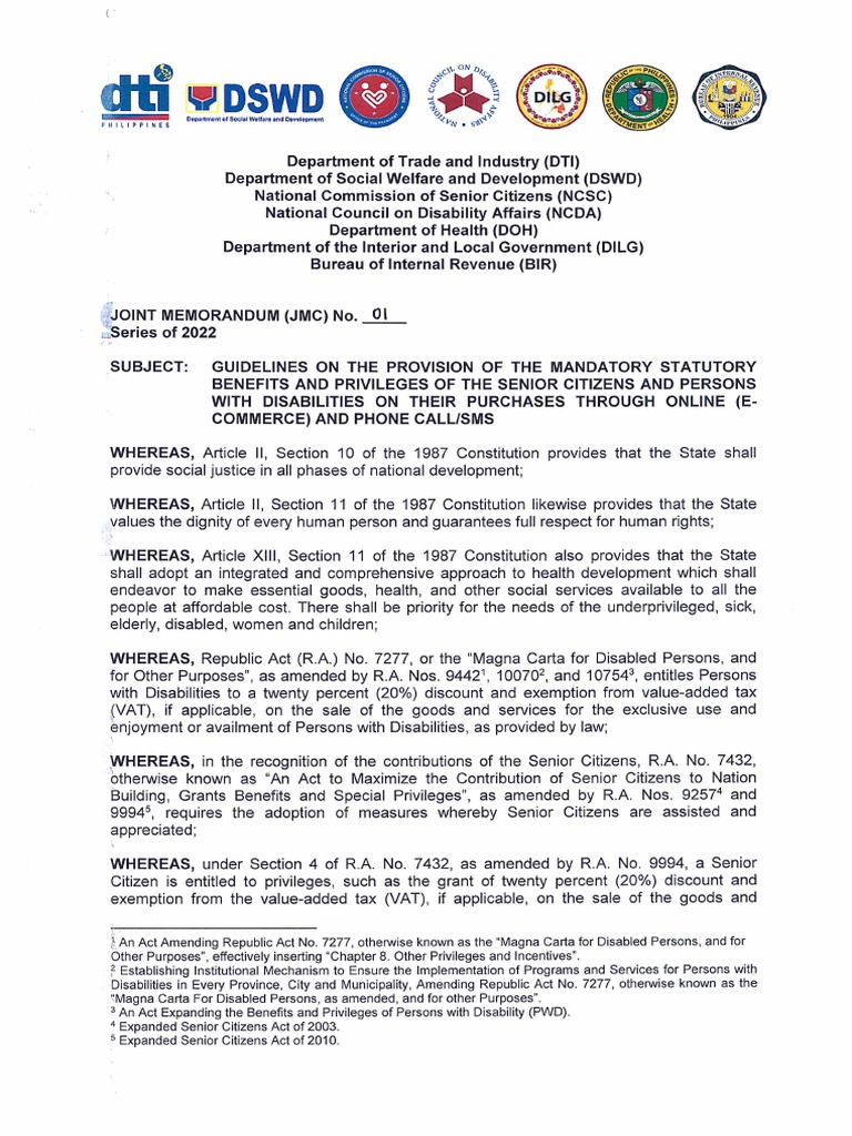 Dti-Dswd-Ncsc-Ncda-Doh-Bir-Dilg JMC 01-2022 | PDF