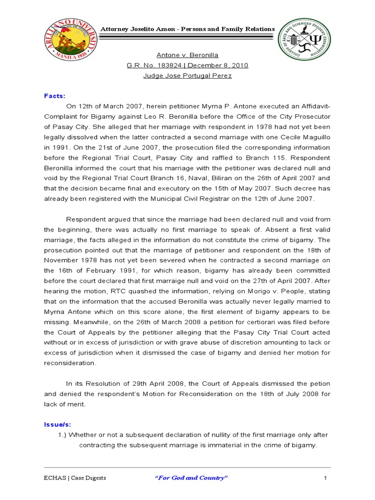 DIGEST - Antone v. Beronilla | PDF | Prosecutor | Marriage