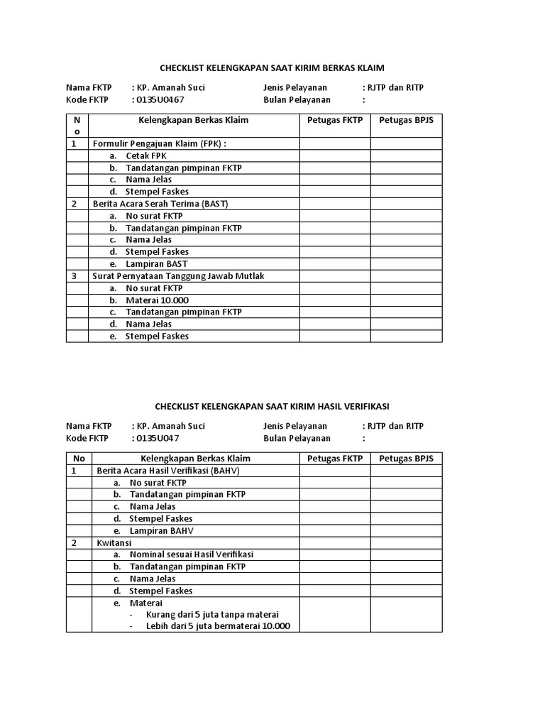 Checklist Kelengkapan Berkas Klaim FKTP | PDF