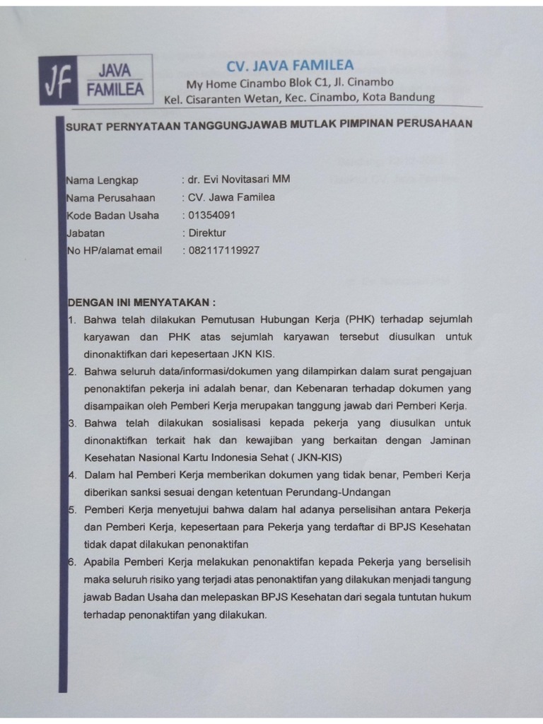 Surat Pernyataan PHK | PDF