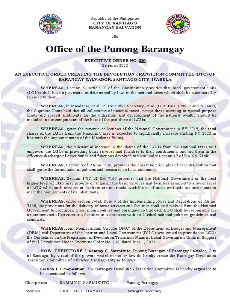 Executive Order No. 020 S. 2022 - CREATING THE DEVOLUTION TRANSITION COMMITTEE (DTC) OF BARANGAY ...