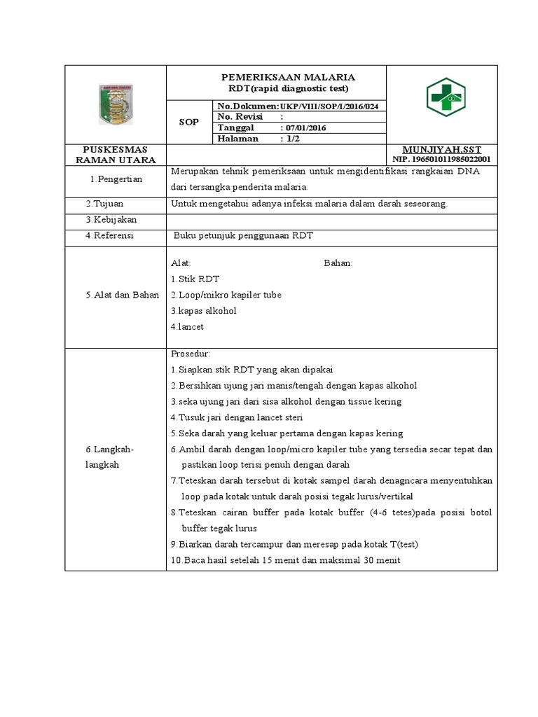 F.sop Malaria RDT | PDF