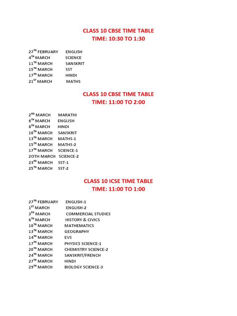Class 10 CBSE & ICSE Time Table 2023 | PDF