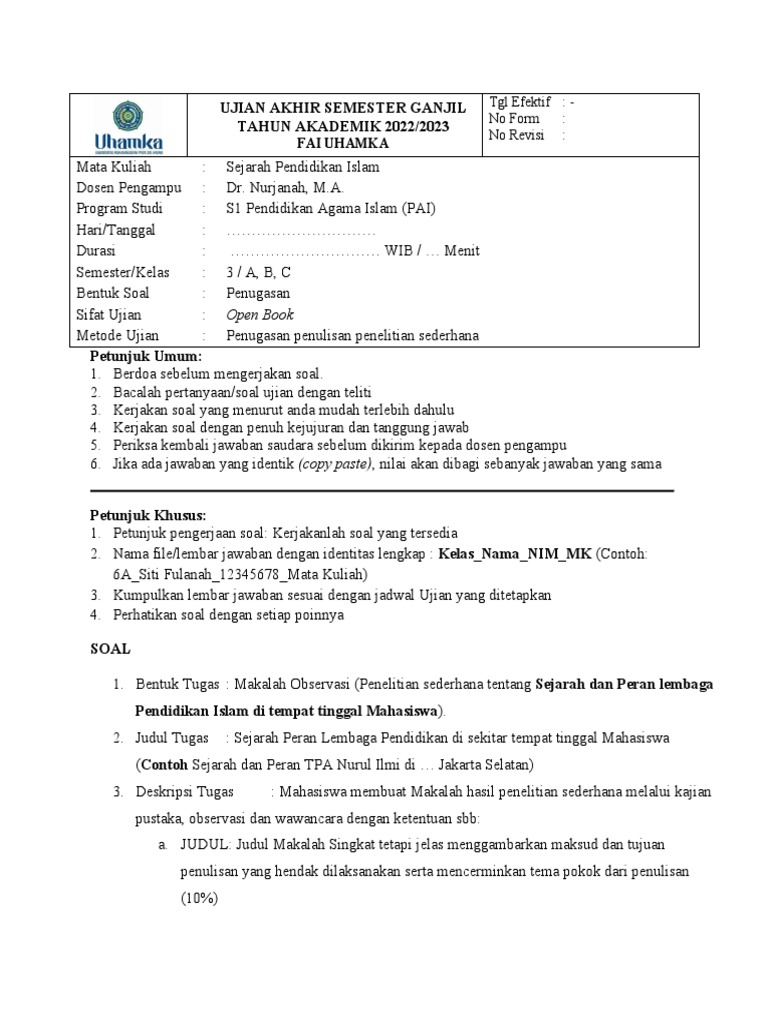 Soal Uas Sejarah Pend Islam 3A - 3B - 3C | PDF