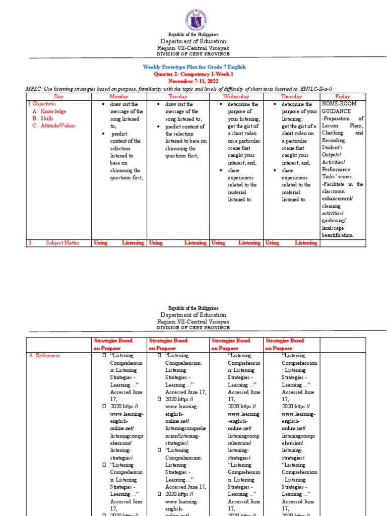 Grade 7 English listening strategies weekly plan | PDF | Reading Comprehension | English As A ...