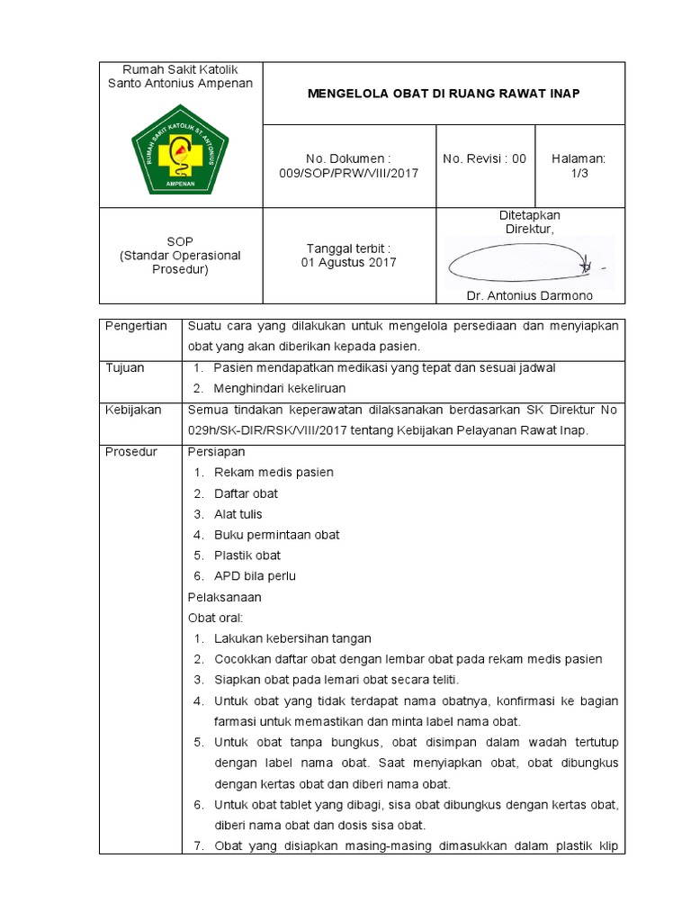 SOP 009 (PRW) Mengelola Obat Di Ruang Rawat Inap (Con) | PDF