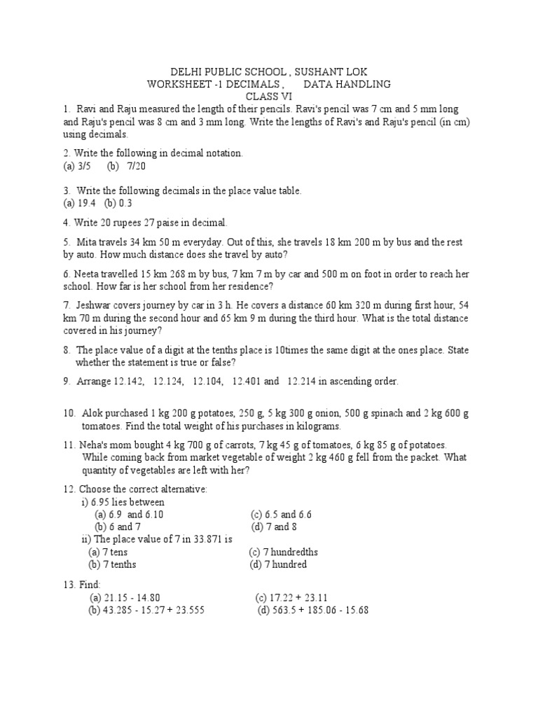 DPS Sushant Lok Worksheet on Decimals and Data Handling | PDF ...