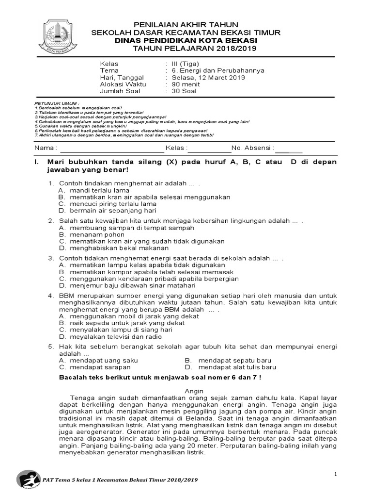 Soal PAS Kelas 3 Tema 6 | PDF