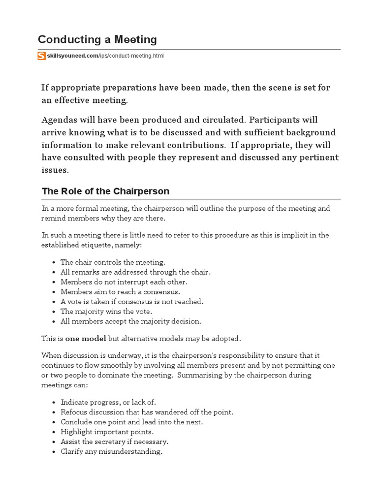 (B) - Conducting A Meeting - The Role of Chairperson | PDF | Leadership ...