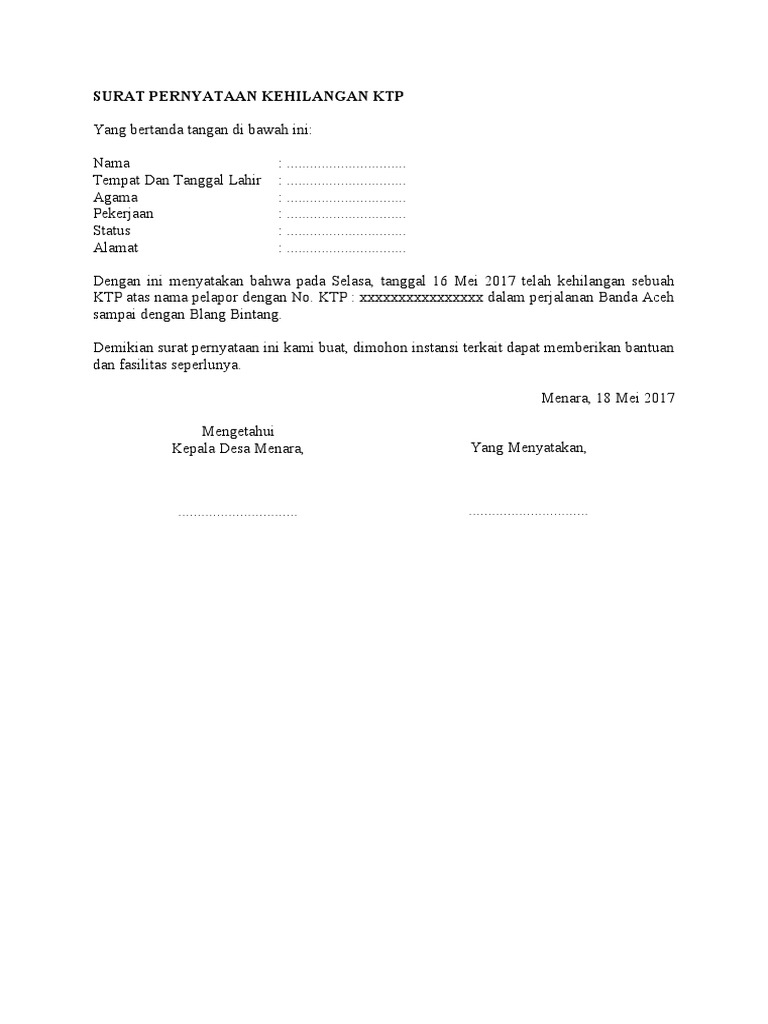 Surat Pernyataan Kehilangan KTP | PDF Surat Pernyataan Kehilangan KTP | PDF