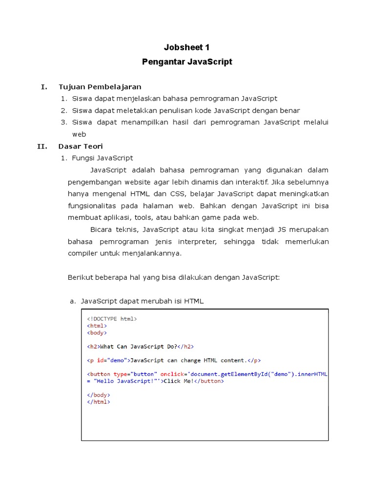 Jobsheet 1 Pengantar JavaScript | PDF
