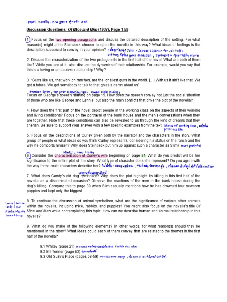Discussion Questions - of Mice and Men (1-59) | PDF