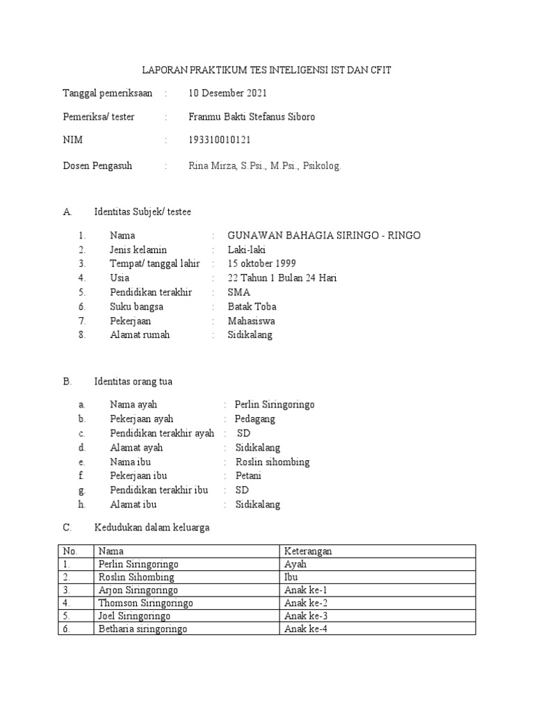 LAPORAN PRAKTIKUM TES INTELIGENSI IST DAN CFIT Franmu Bakti Stefanus ...