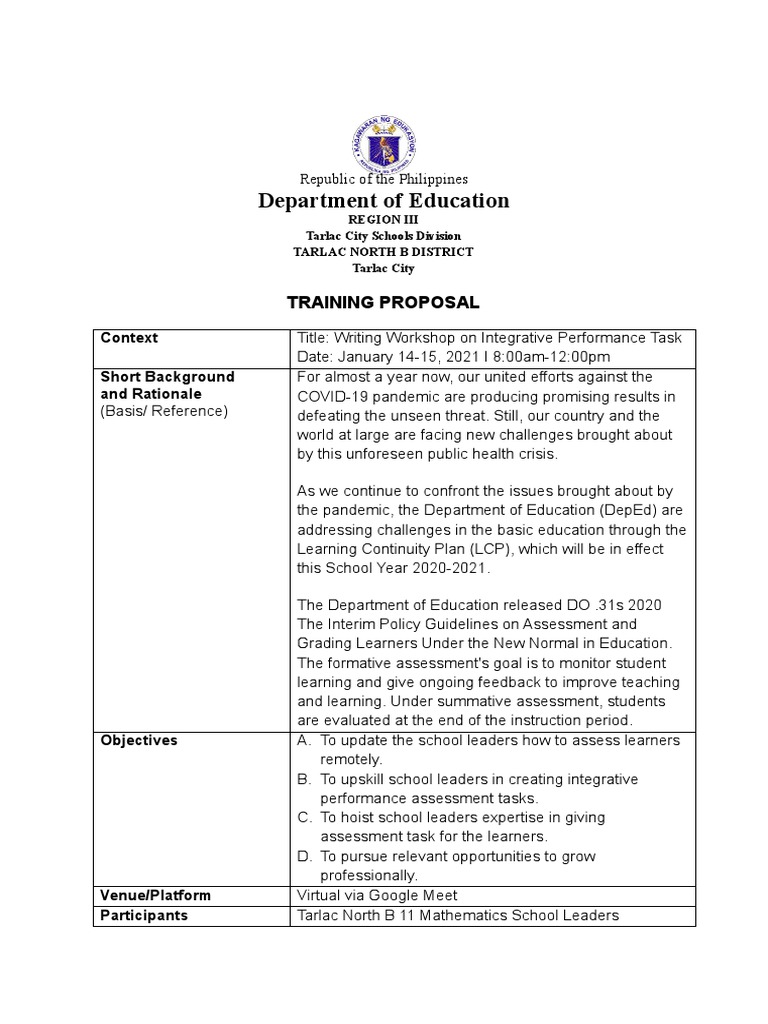 Training Proposal for a Writing Workshop on Integrative Performance ...