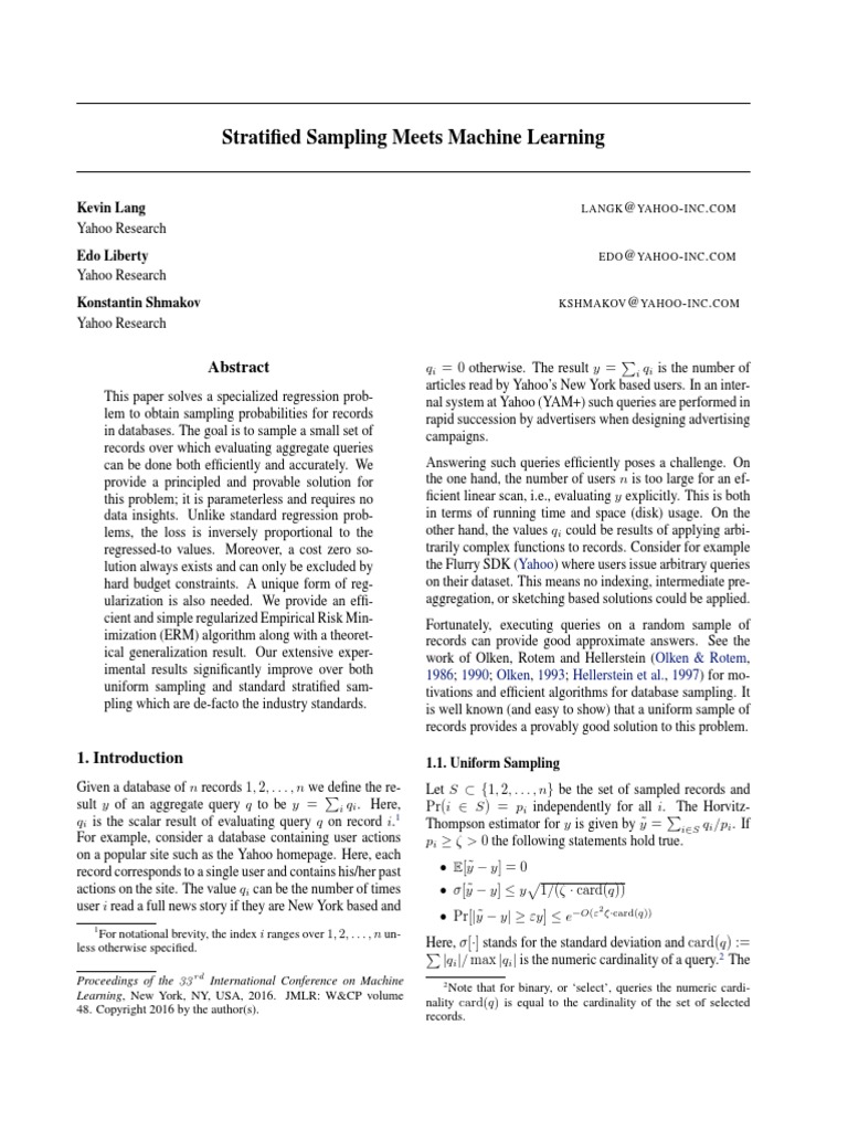 Icml 2016 Stratified Sampling Meets Machine Learning Pdf 