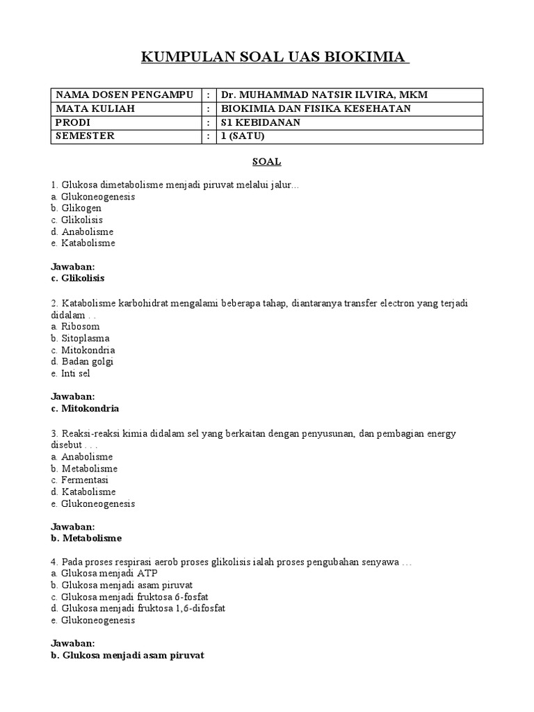 Soal Uas Biokimia Semester 1 | PDF