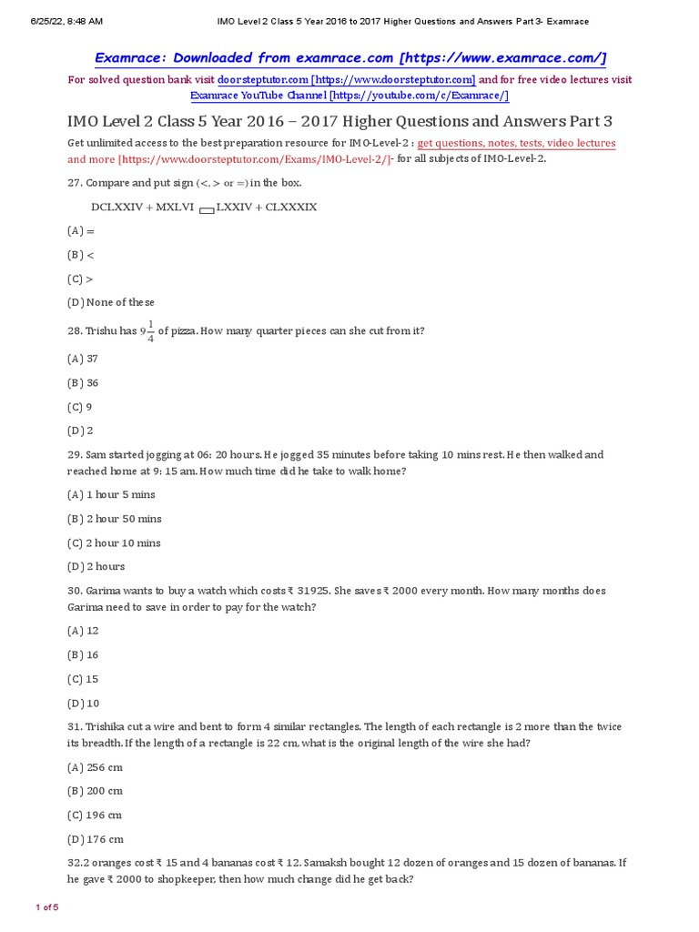 IMO Level 2 Class 5 Year 2016 2017 Part 3 | PDF | Length | Geometry