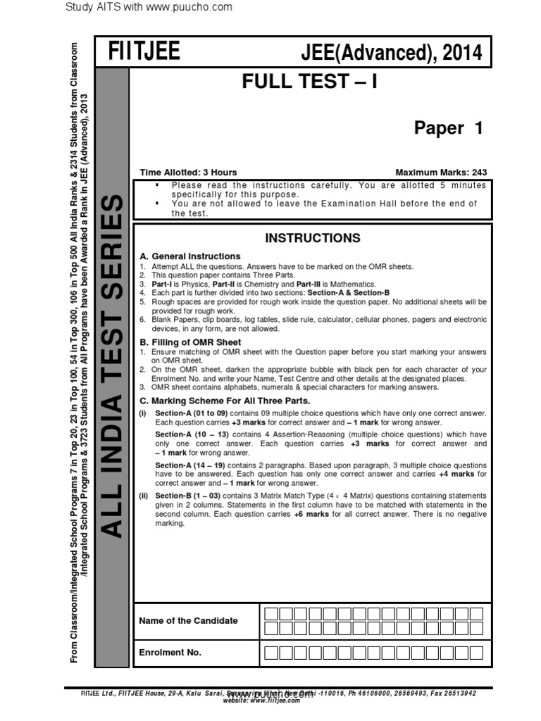 JEE Advanced Full Test Xvi Paper 1 | PDF | Cement | Materials